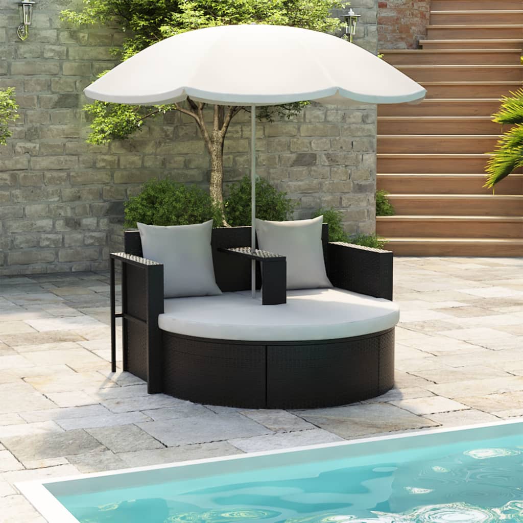 vidaXL Lit de jardin avec parasol Noir Résine tressée | vidaXL.fr